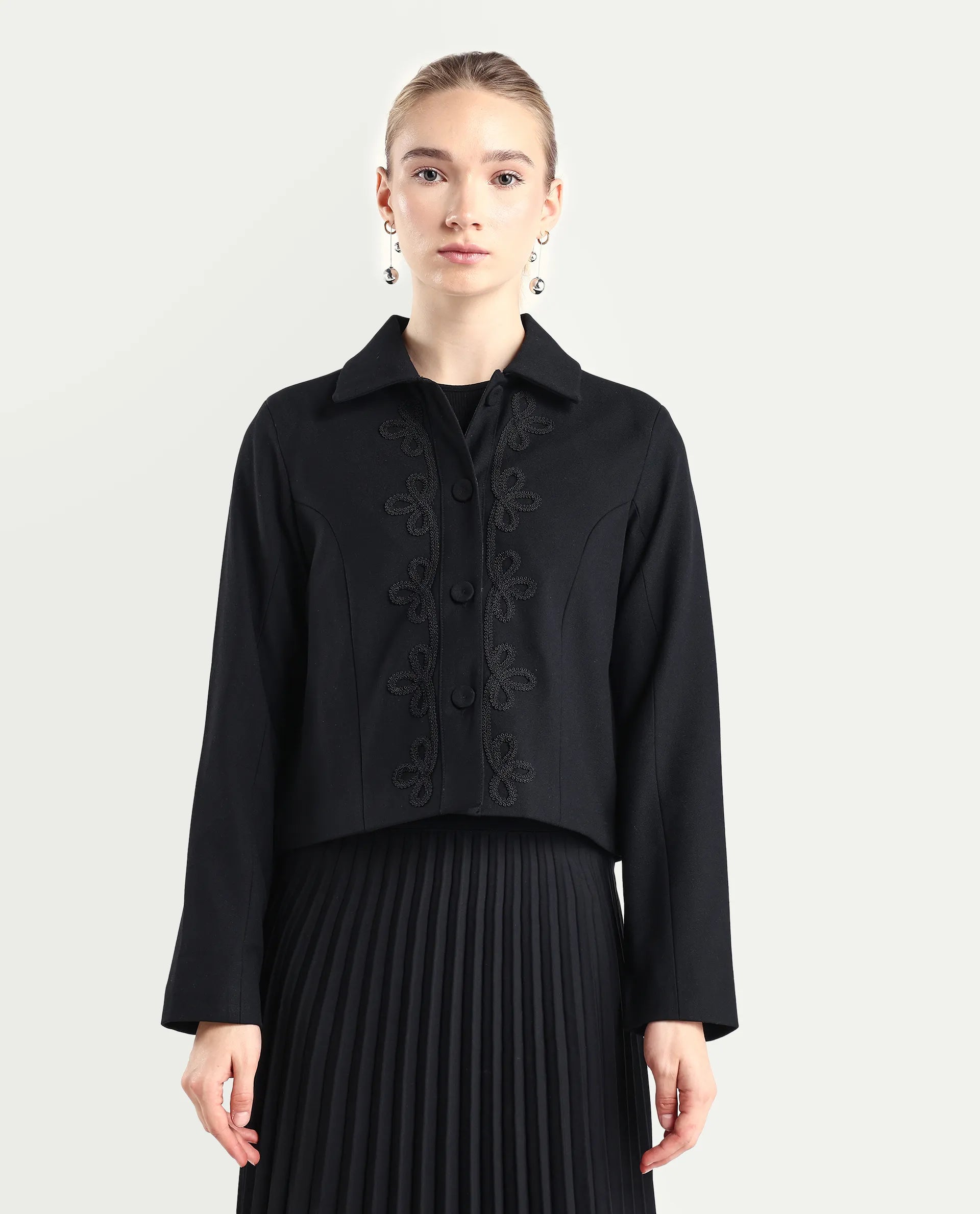 Rareism Women's Nemby Black Polyester Blend Collared Neck Slim Fit Pla