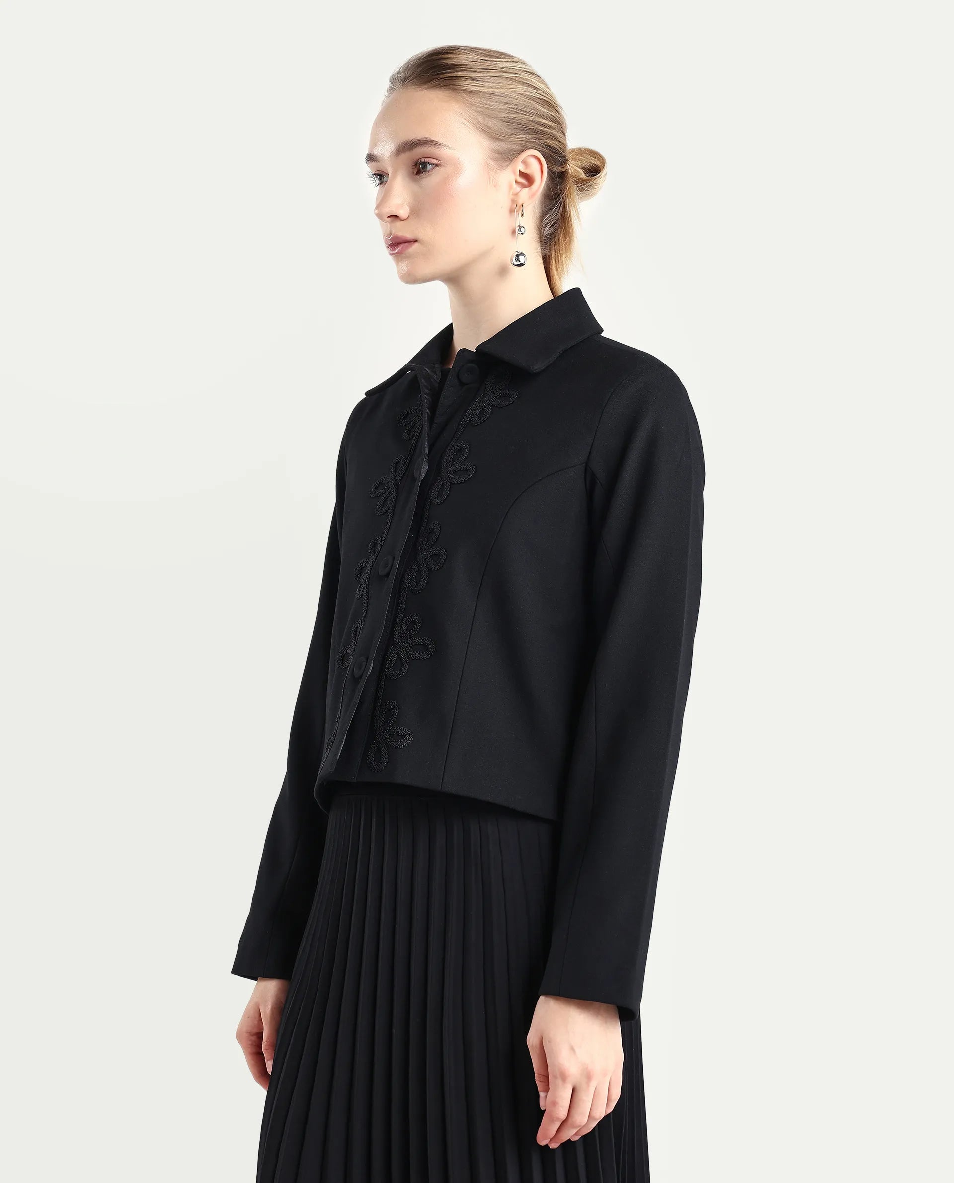 Rareism Women's Nemby Black Polyester Blend Collared Neck Slim Fit Pla