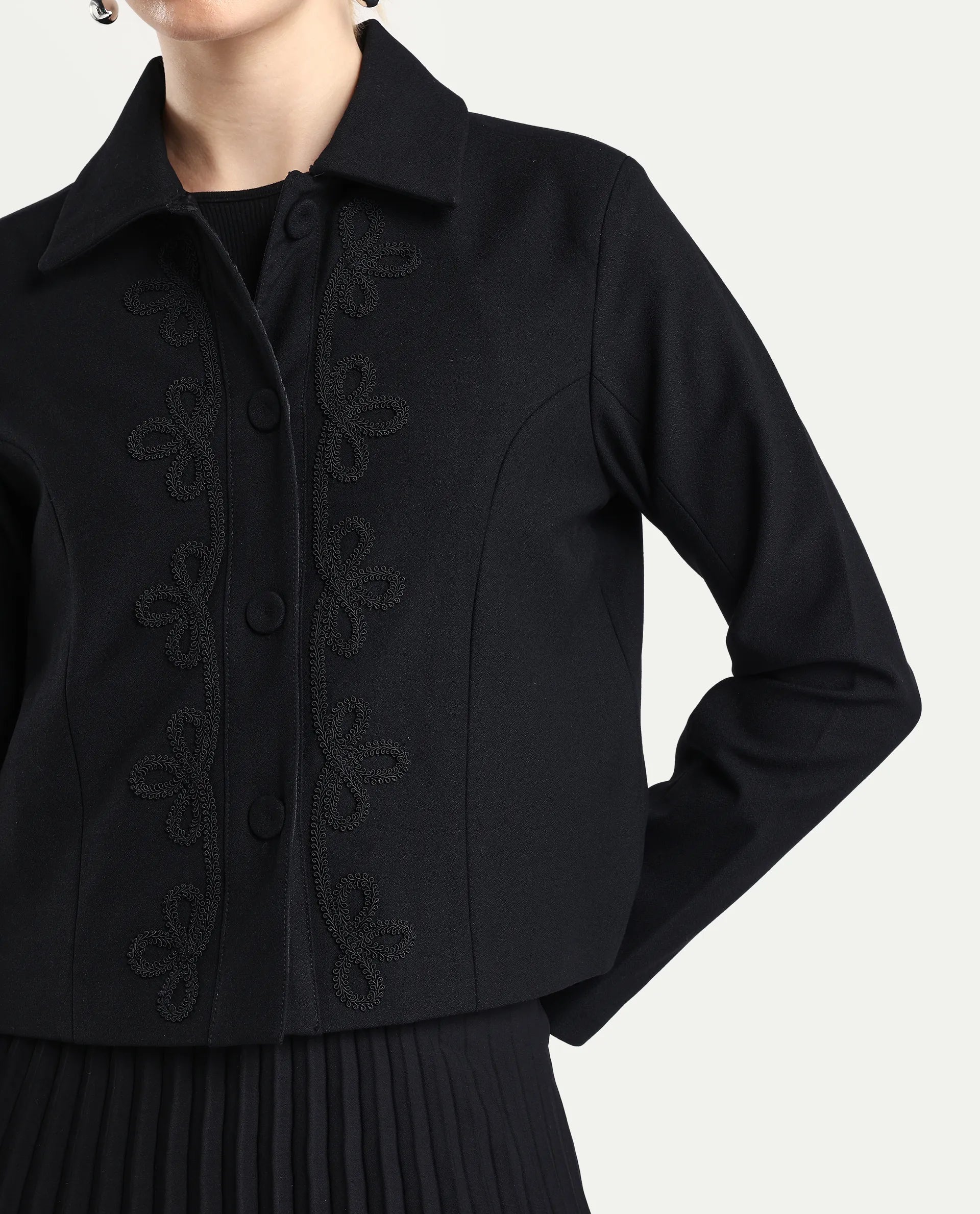 Rareism Women's Nemby Black Polyester Blend Collared Neck Slim Fit Pla