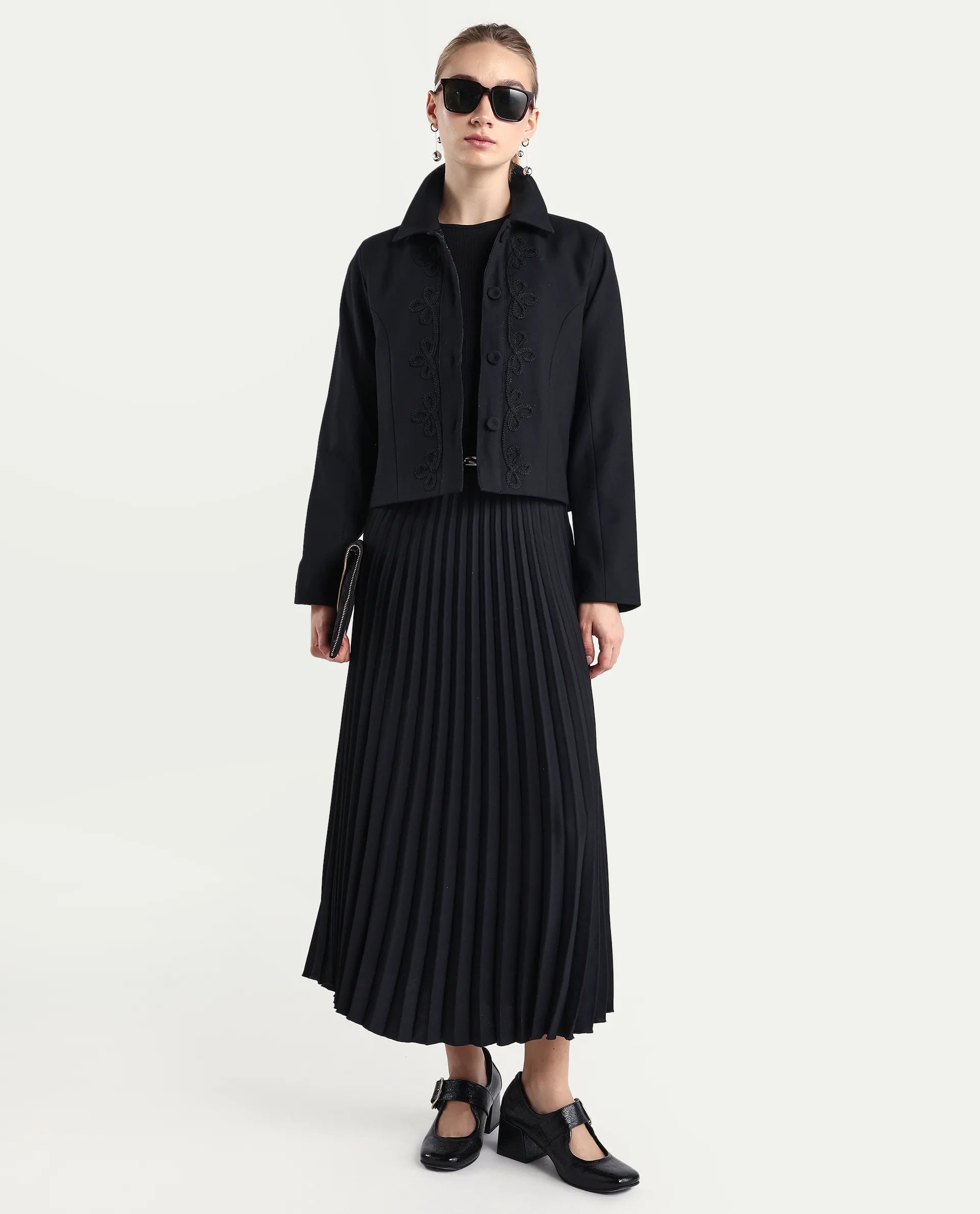 Rareism Women's Nemby Black Polyester Blend Collared Neck Slim Fit Pla