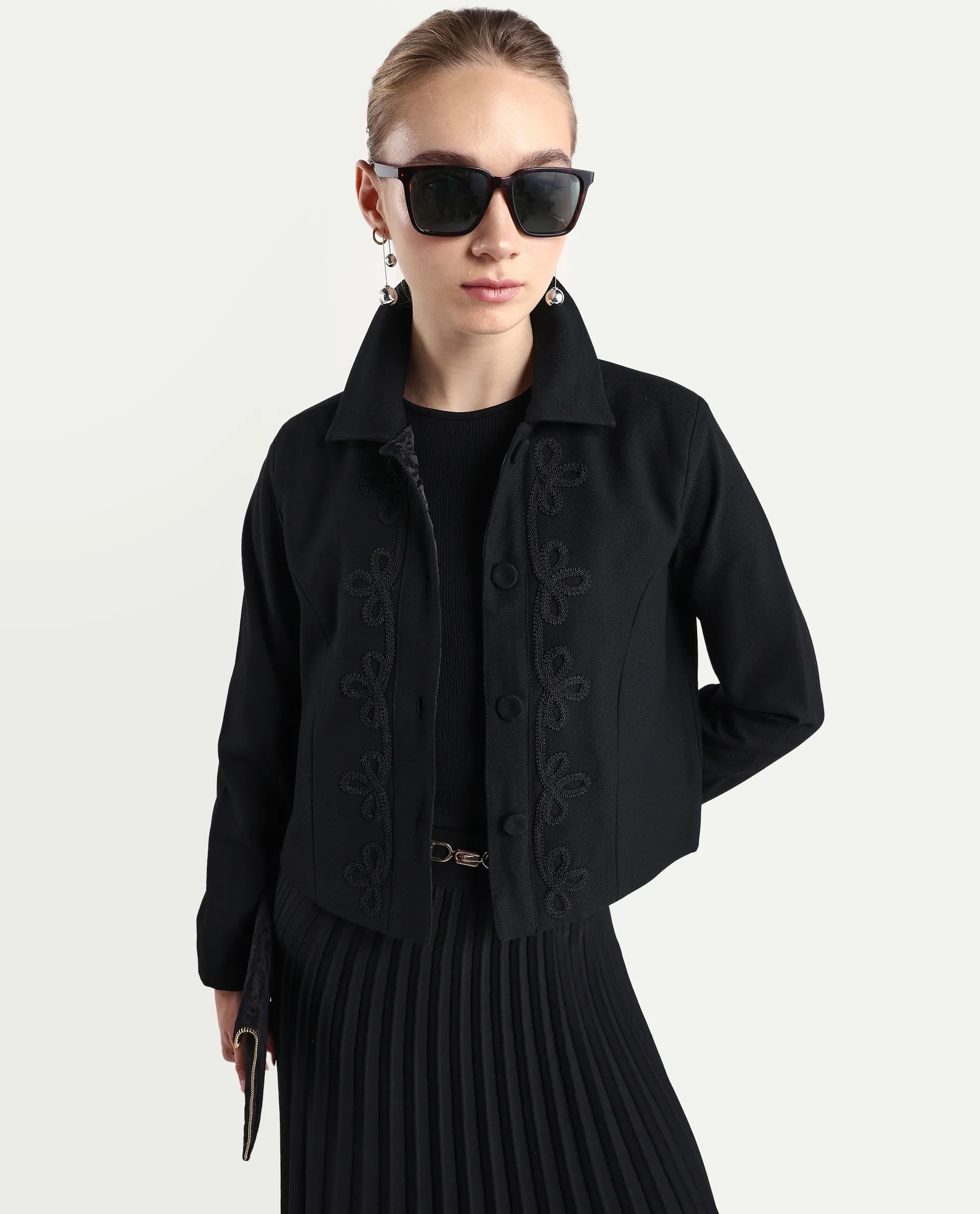 Rareism Women's Nemby Black Polyester Blend Collared Neck Slim Fit Pla