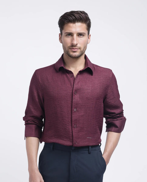 Rare Rabbit Men's Nert Maroon Cotton Plain Relaxed Fit Full Sleeve Col