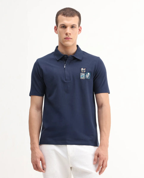 Rare Rabbit Men's Nesco Dusky Blue Cotton Plain Regular Fit Half Sleev