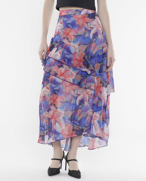 Rareism Women's Nitane Purple Polyester Floral Print Maxi Flared Skirt