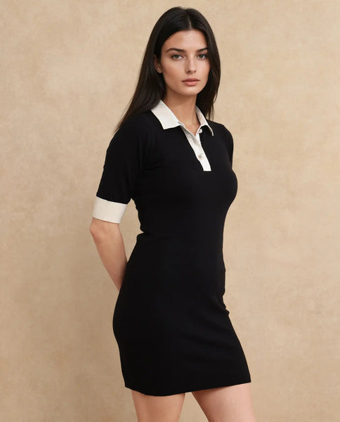 Rareism Women's Nitu Black Nylon Drop Collar Plain Knee Length Bodycon