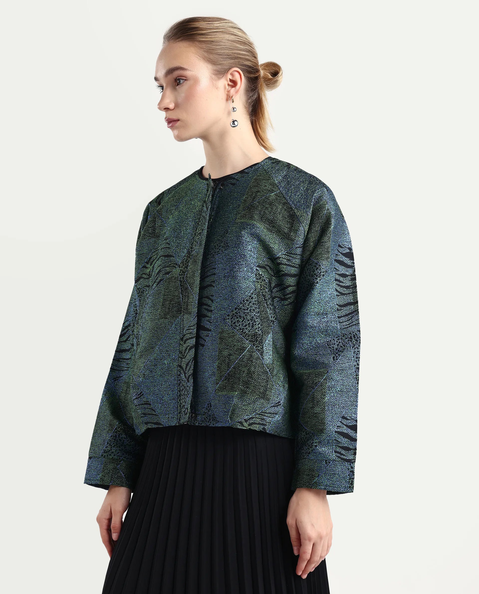 Rareism Women's Nizig Blue Polyester Blend Relaxed Fit Jacquard Jacket