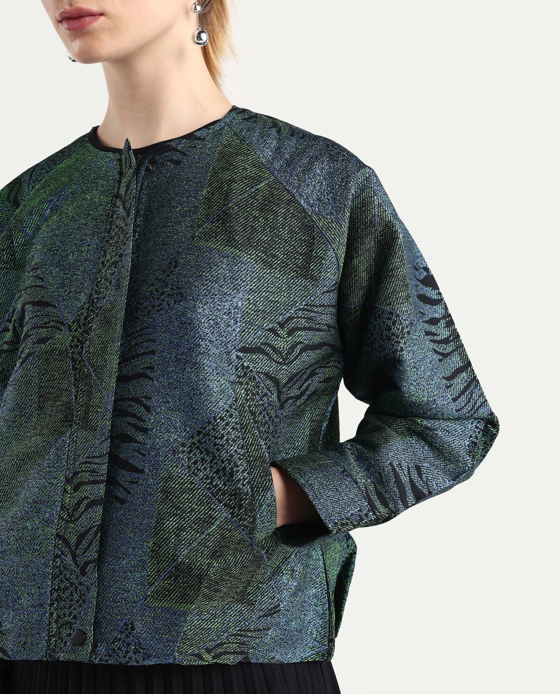 Rareism Women's Nizig Blue Polyester Blend Relaxed Fit Jacquard Jacket