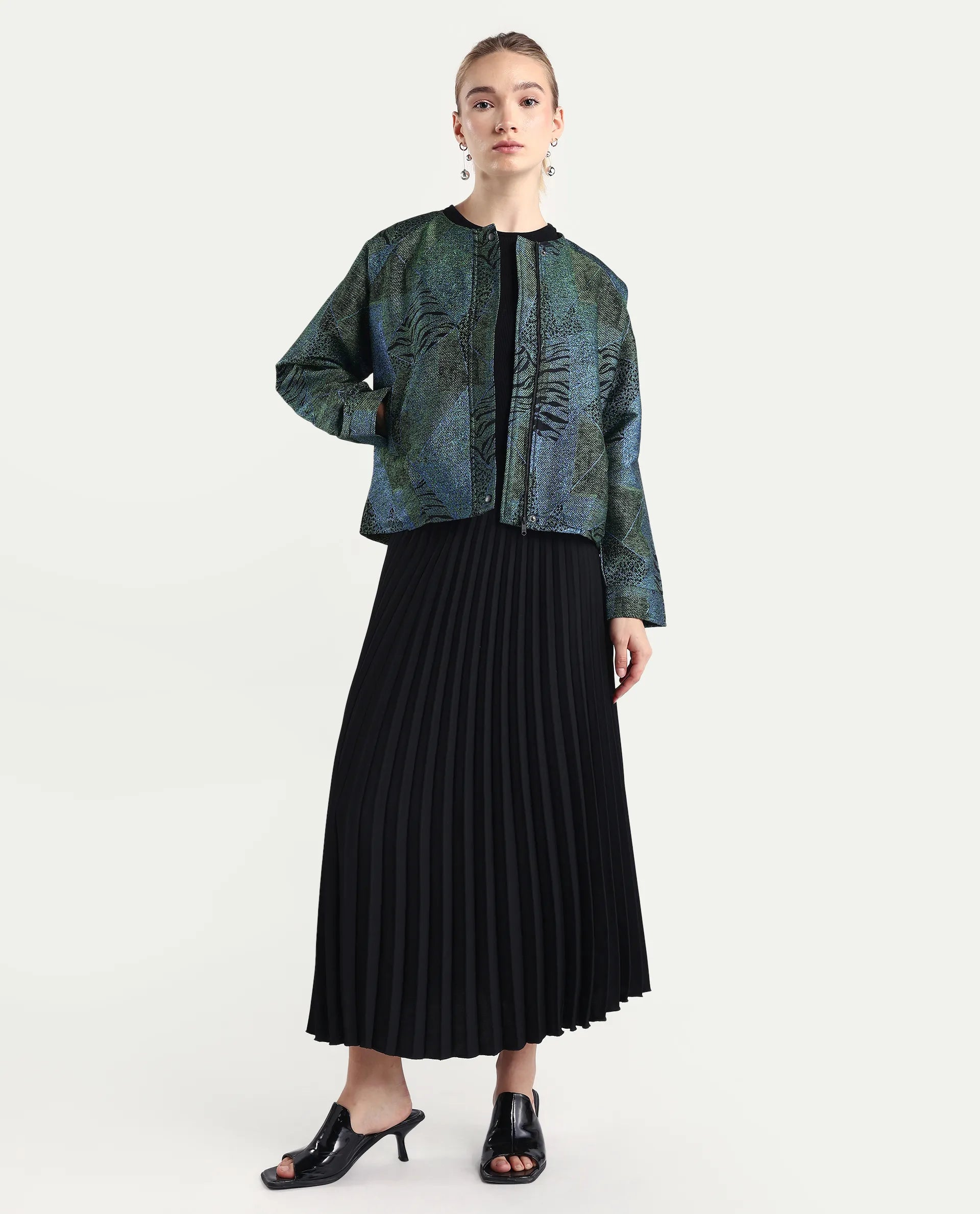 Rareism Women's Nizig Blue Polyester Blend Relaxed Fit Jacquard Jacket