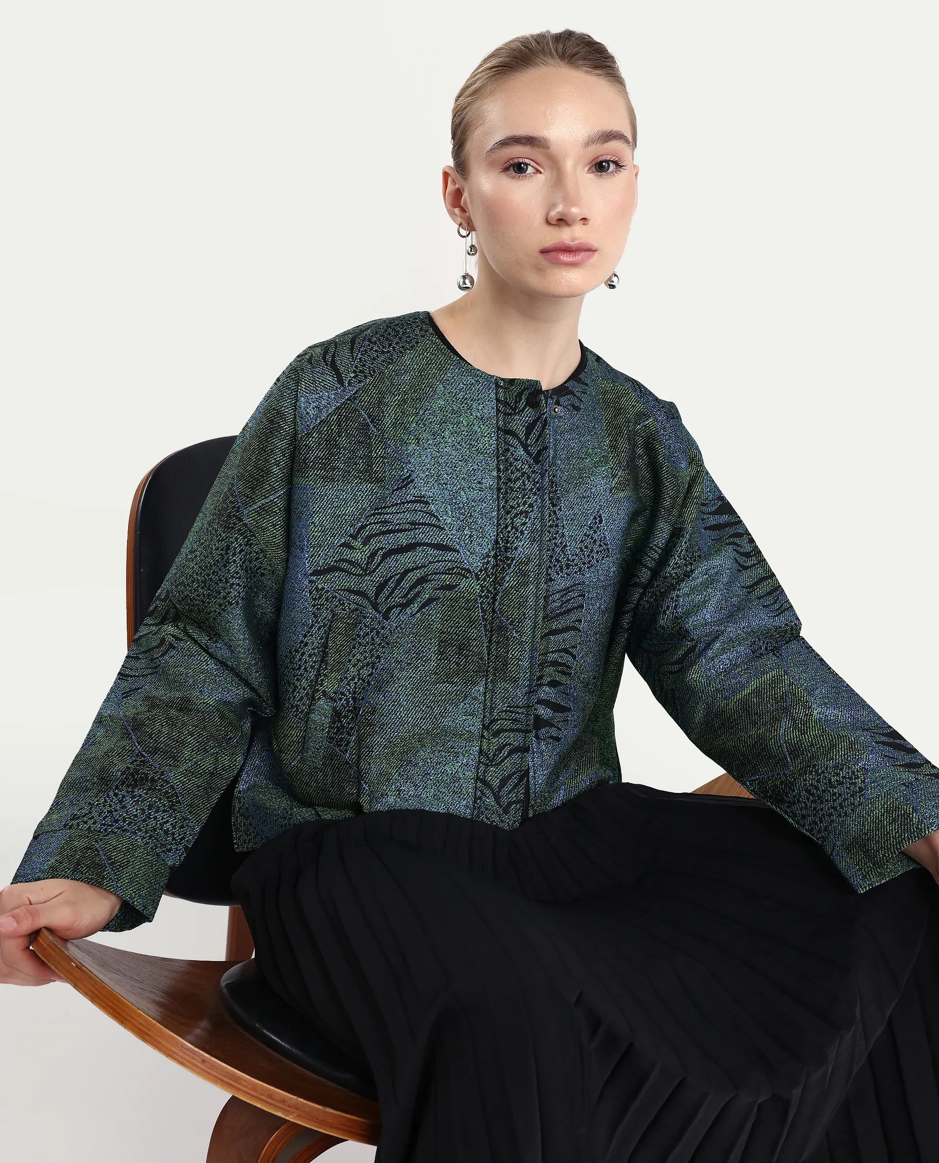 Rareism Women's Nizig Blue Polyester Blend Relaxed Fit Jacquard Jacket