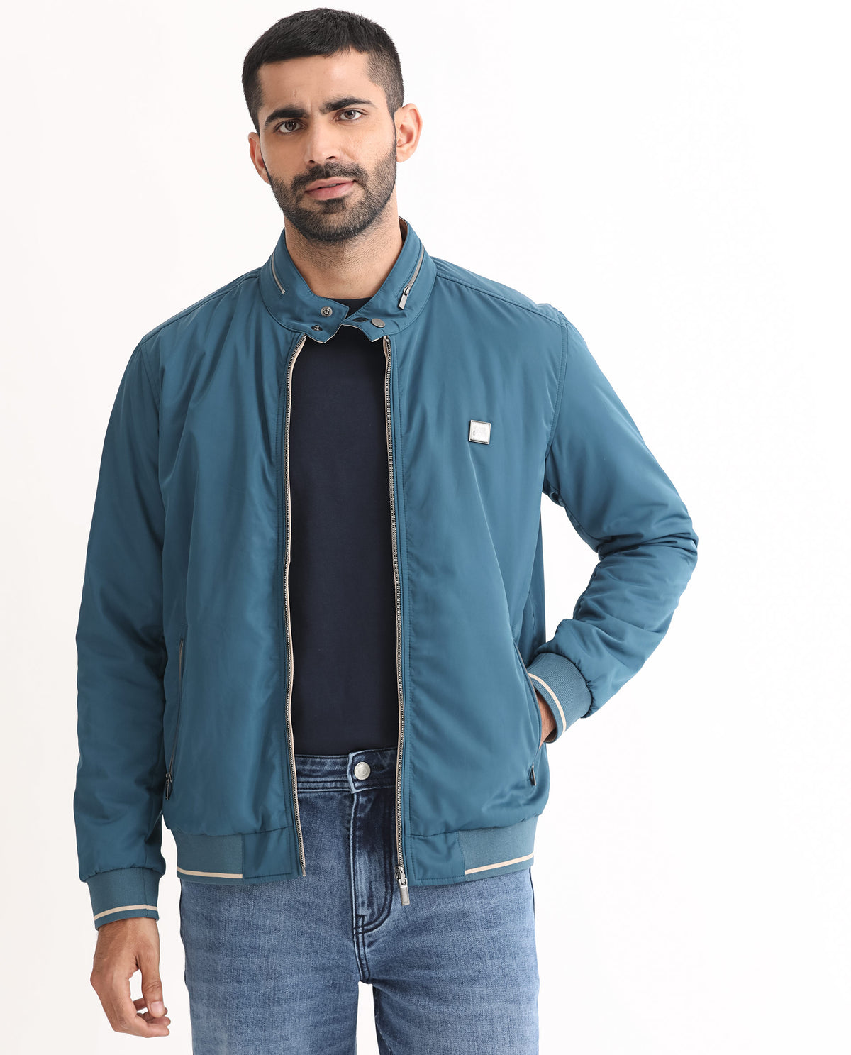 Rare Rabbit Men's Royban Beige Classic Mandarin Collar Bomber Jacket