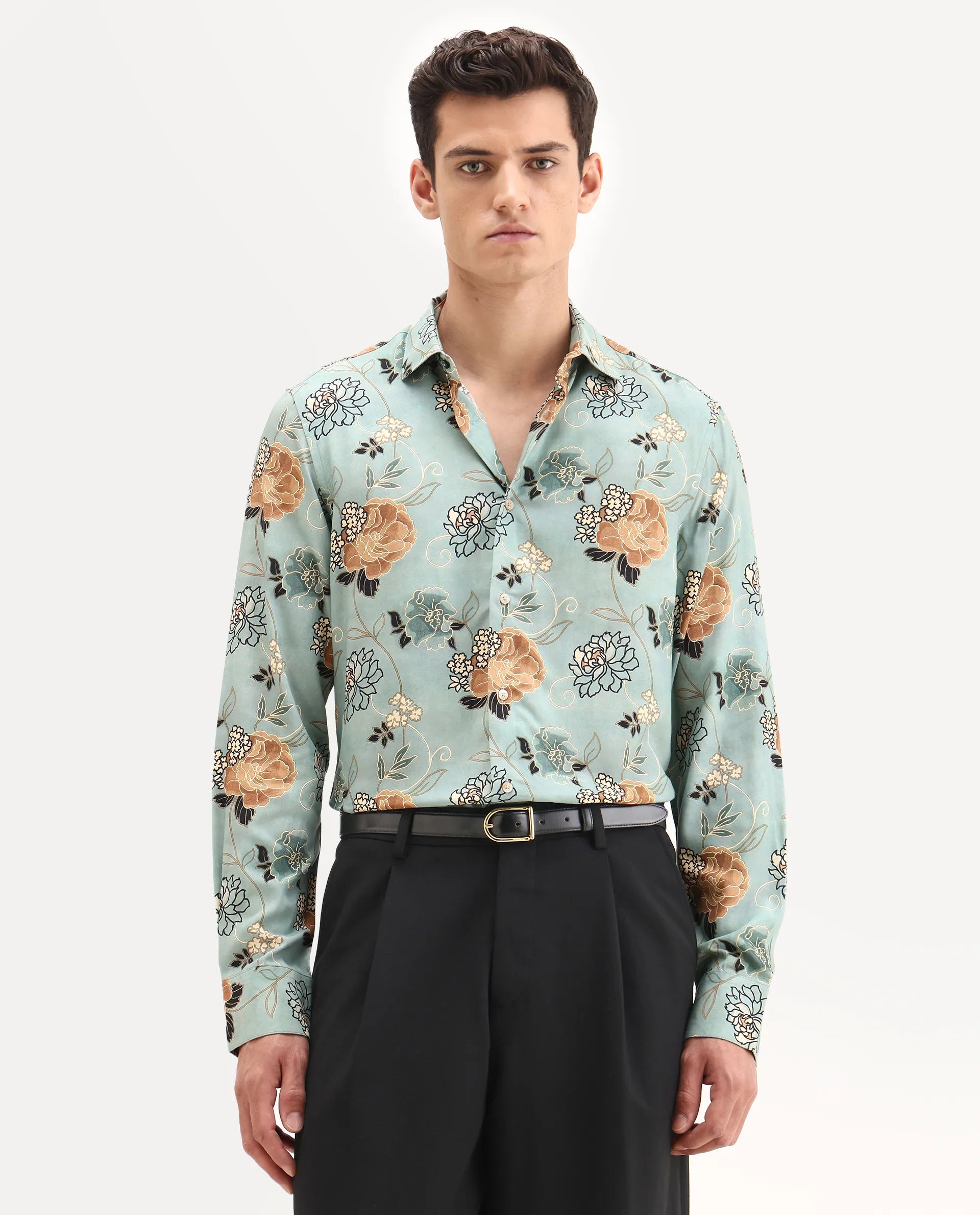 Rare Rabbit Men's Nord-25 Dusky Green Viscose Blend Fabric Spread Coll