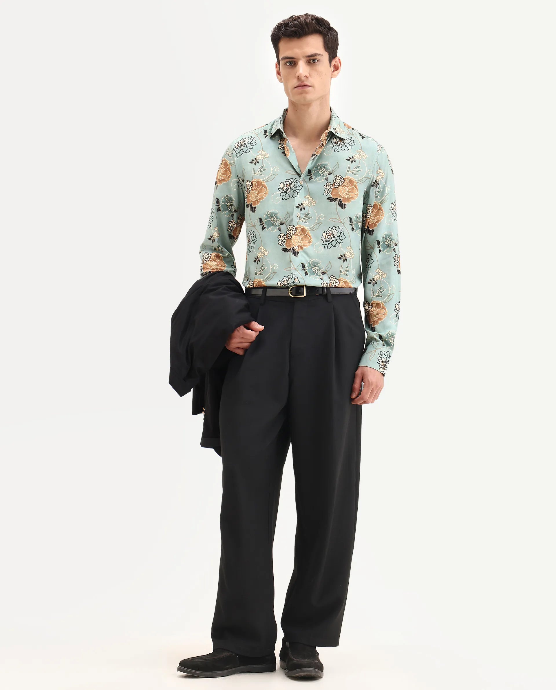 Rare Rabbit Men's Nord-25 Dusky Green Viscose Blend Fabric Spread Coll