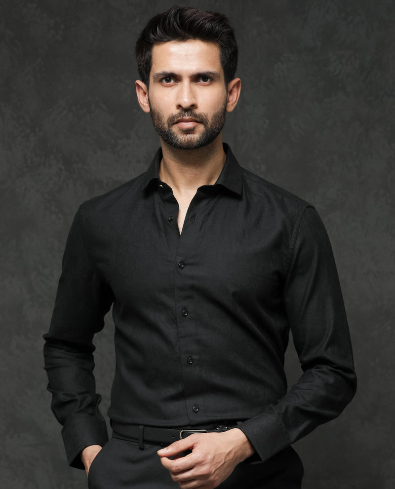 Rare Rabbit Mens Notum Black Cotton Fabric Full Sleeve Dobby Texture S