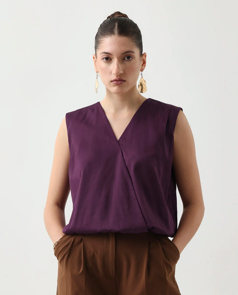 Rareism Women's Nujet Purple Cotton Blend Overlap Neck Regular Fit Pla