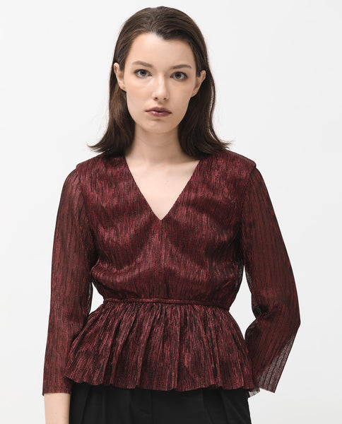 Rareism Women Odim Metalic Red Polyester Fabric Regular Fit V-Neck 3/4