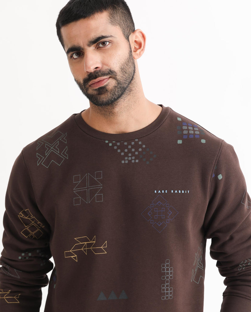 Rare Rabbit Men's Oli Brown Cotton Polyester Fabric Full Sleeves Graph
