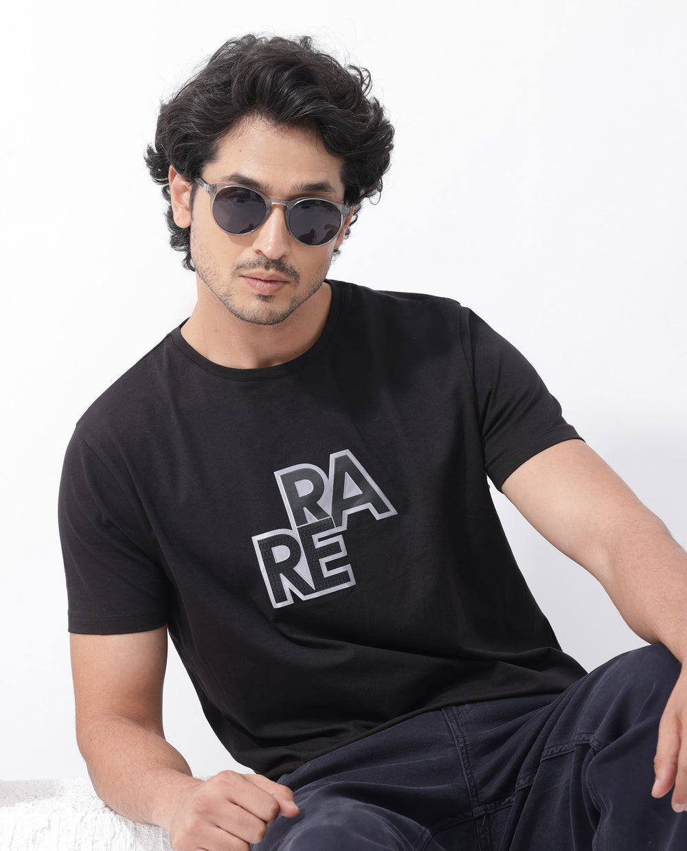 Rare Rabbit Mens Oran Black Cotton Polyester Fabric Short Sleeve Regul