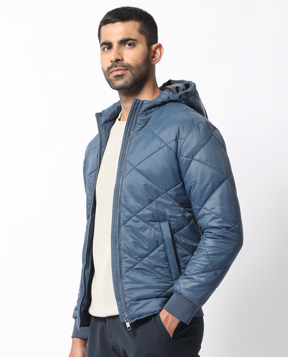 Rare Rabbit Men's Parco Dark Blue Diamond Quilted Hooded Puffer Jacket