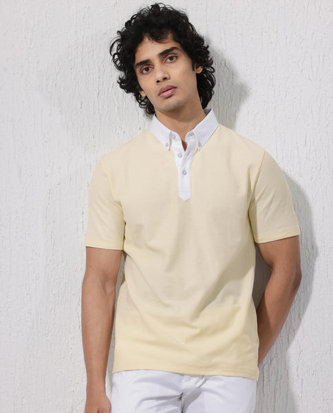 Rare Rabbit Mens Parma-2 Pastel Yellow Polo Short Sleeve Solid Polo T-