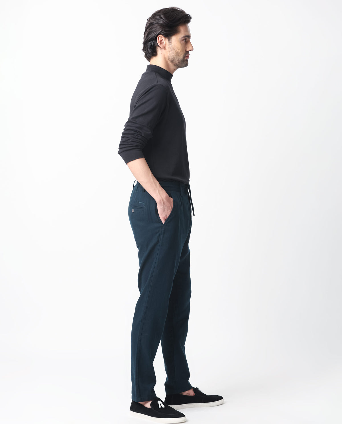 Rare Rabbit Men's Pastor Dark Petrol Solid Mid-Rise With Drawstring An