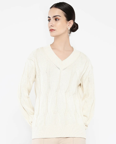 Rareism Women Pax Off White Oversized Fit Plain Sweater