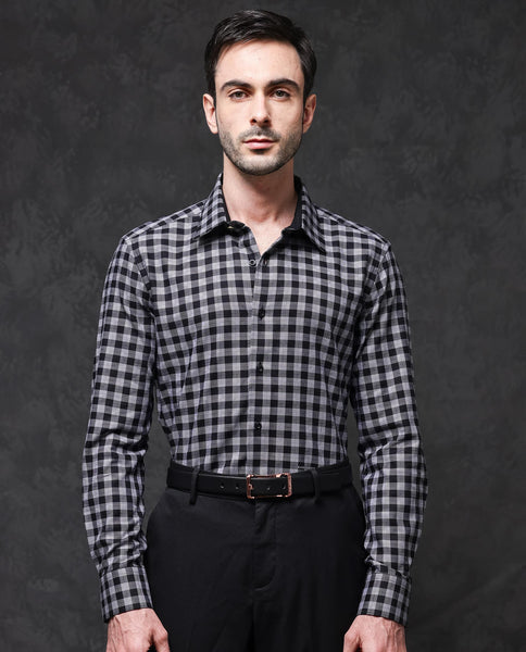Rare Rabbit Men's Pictor Black Cotton Checked Print Regular Fit Full S