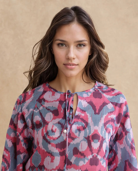 Rareism Women'S Portia Multi Linen Top with Tie-Up Neck and Abstract Print