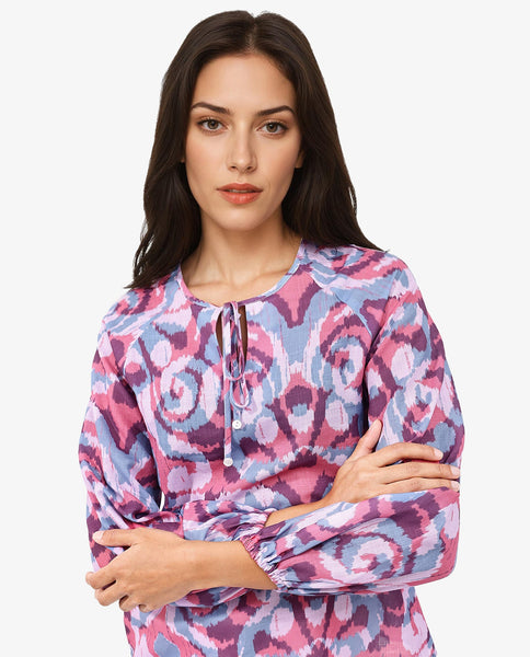 Rareism Women'S Portia Multi Linen Top with Tie-Up Neck and Abstract Print