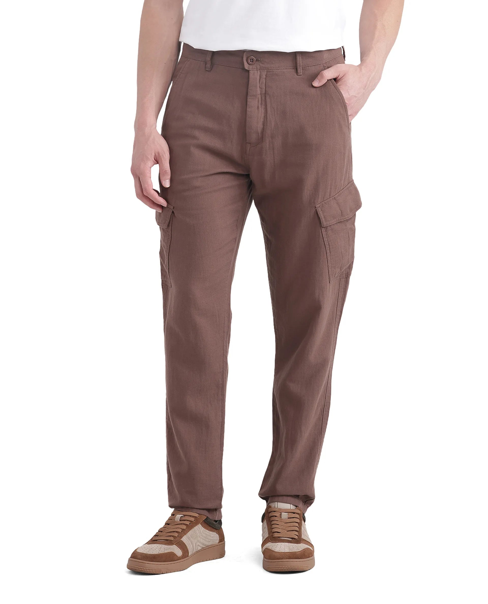 Rare Rabbit Men's Presso 25 Dusky Brown Cotton Blend Plain Relaxed Fit