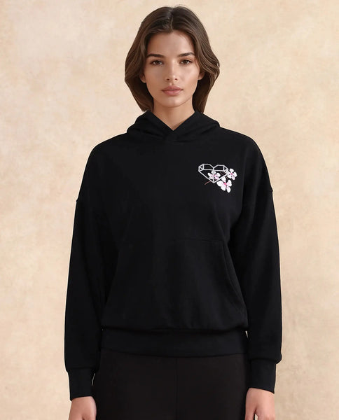 Rareism Women's Quash Black Cotton Blend Hooded Graphic Print Relaxed