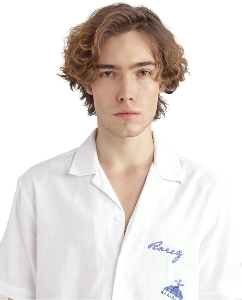 Rare Rabbit Men Quentin White Short Sleeves Cotton Fabric Cuban Collar