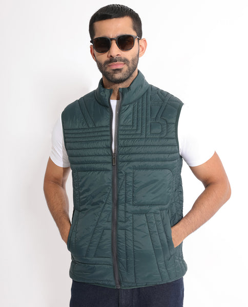 Rare Rabbit Men's Queltex Dark Petrol Branded Sleeveless Quilted Puffe