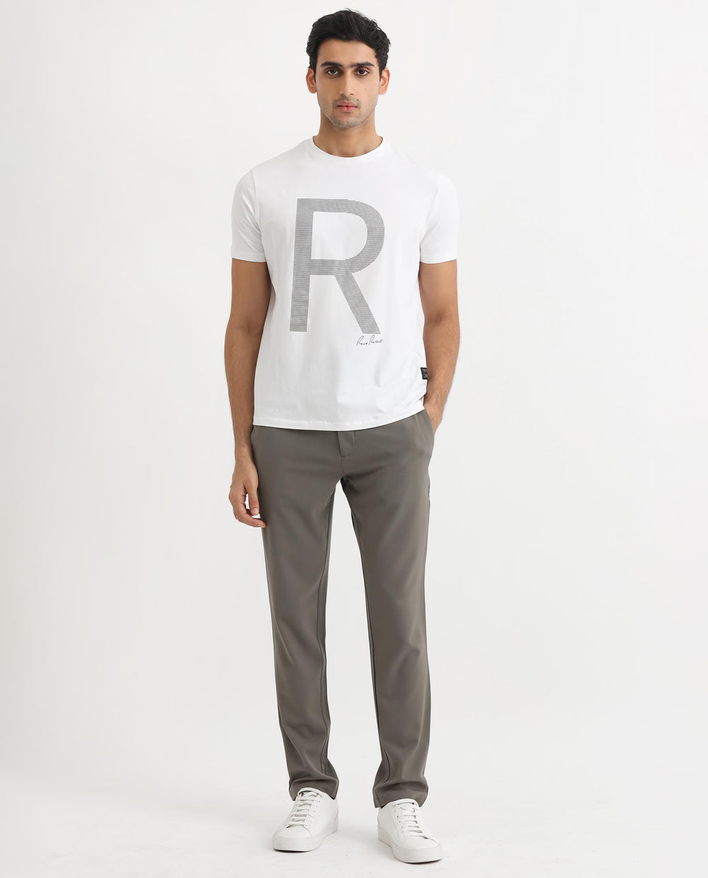 Rare Rabbit Men's Radd White Crew Neck Logo Printed Half Sleeves Slim