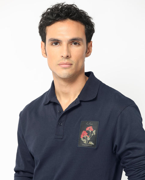 Rare Rabbit Men's Raz Navy Collared Neck Statement Chest Label Full Sl