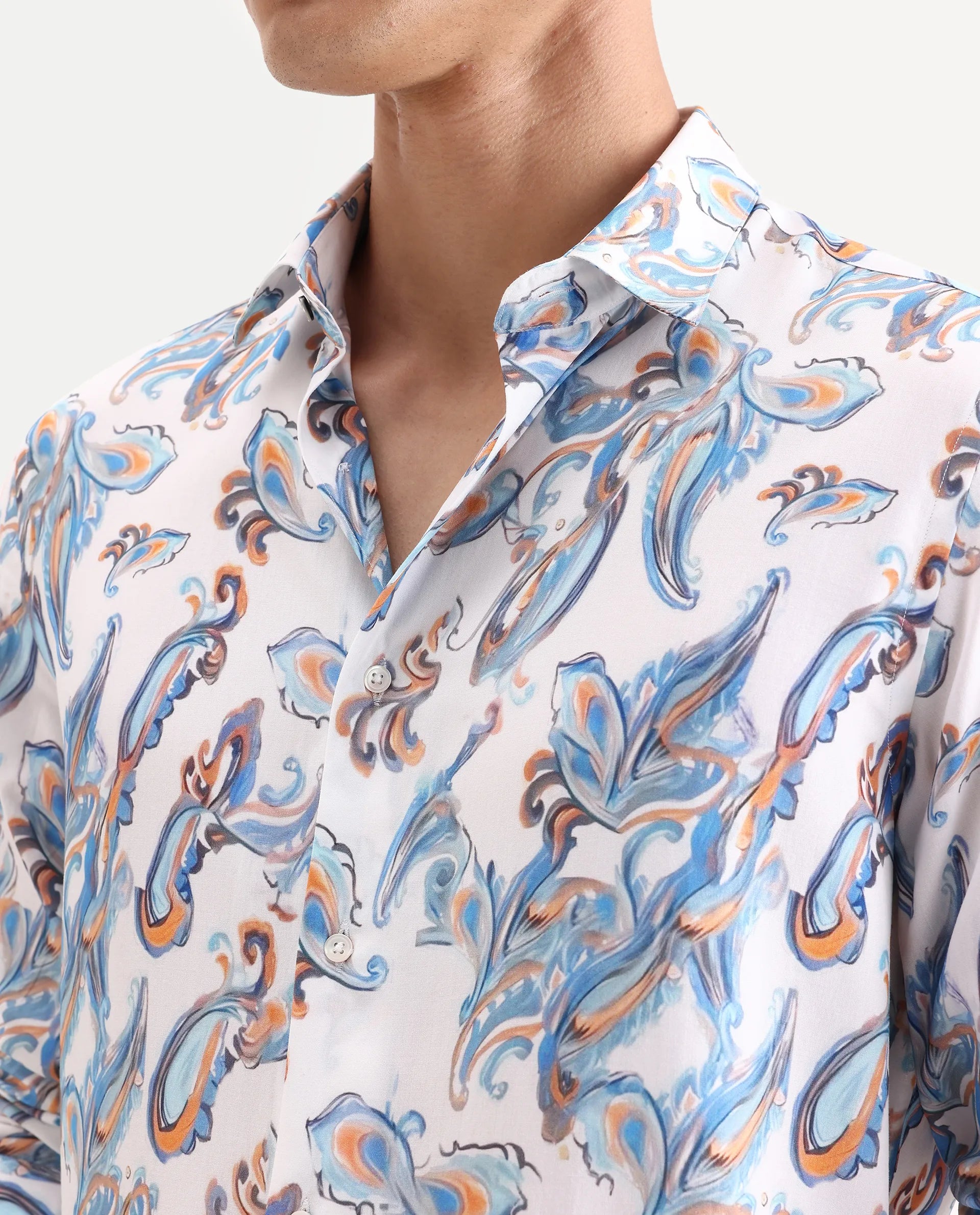 Rare Rabbit Men's Revo White Viscose Blend Fabric Collared Neck Regula