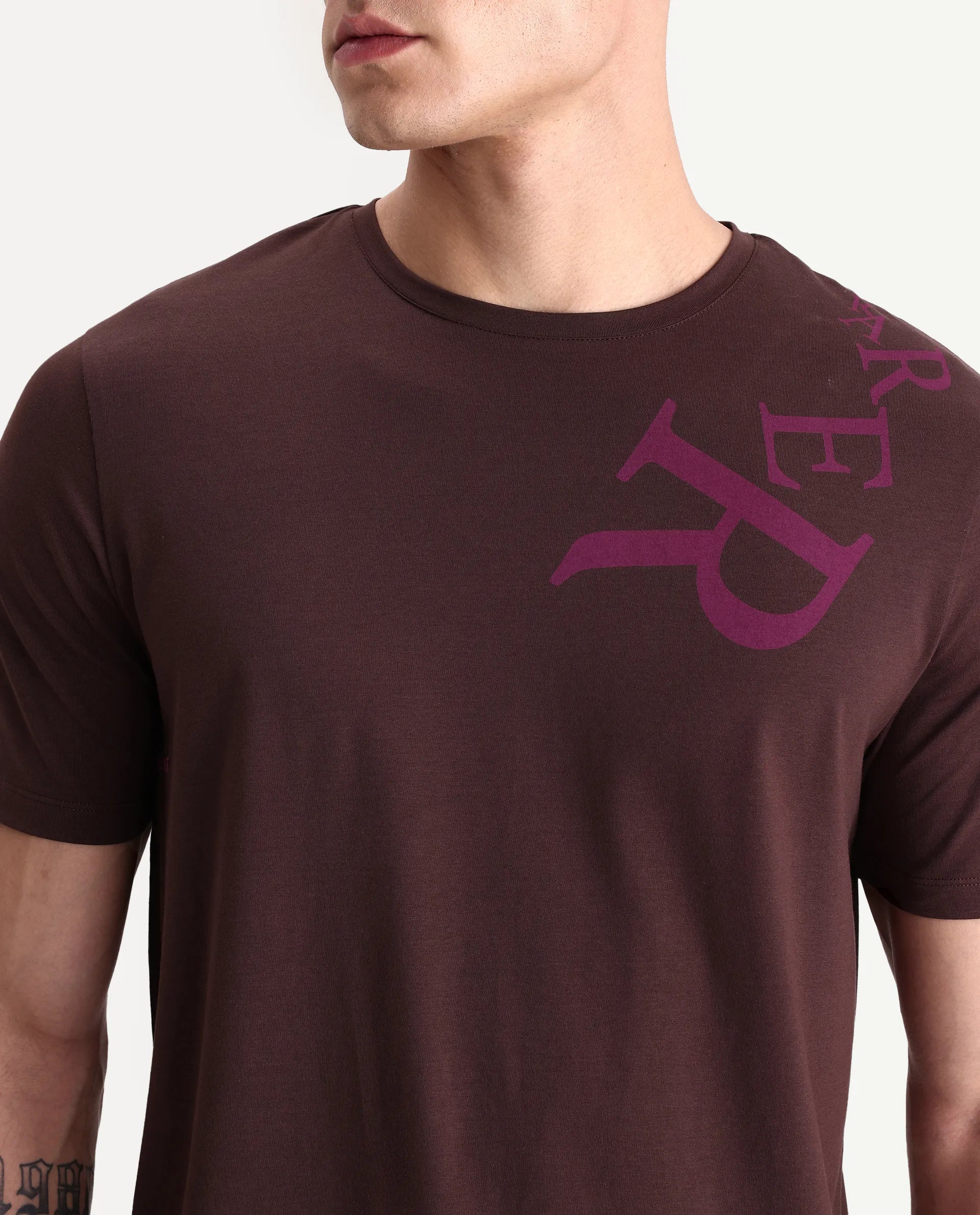 Rare Rabbit Men's Rida Dark Brown Cotton Blend Fabric Crew Neck Regula