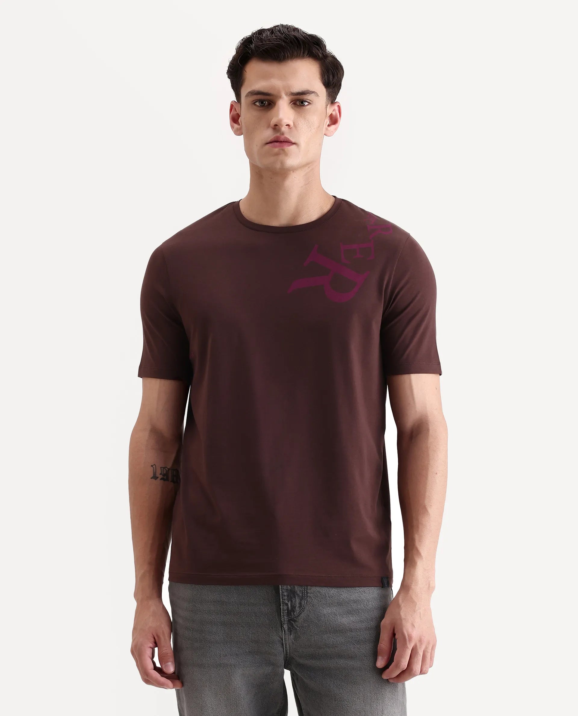 Rare Rabbit Men's Rida Dark Brown Cotton Blend Fabric Crew Neck Regula