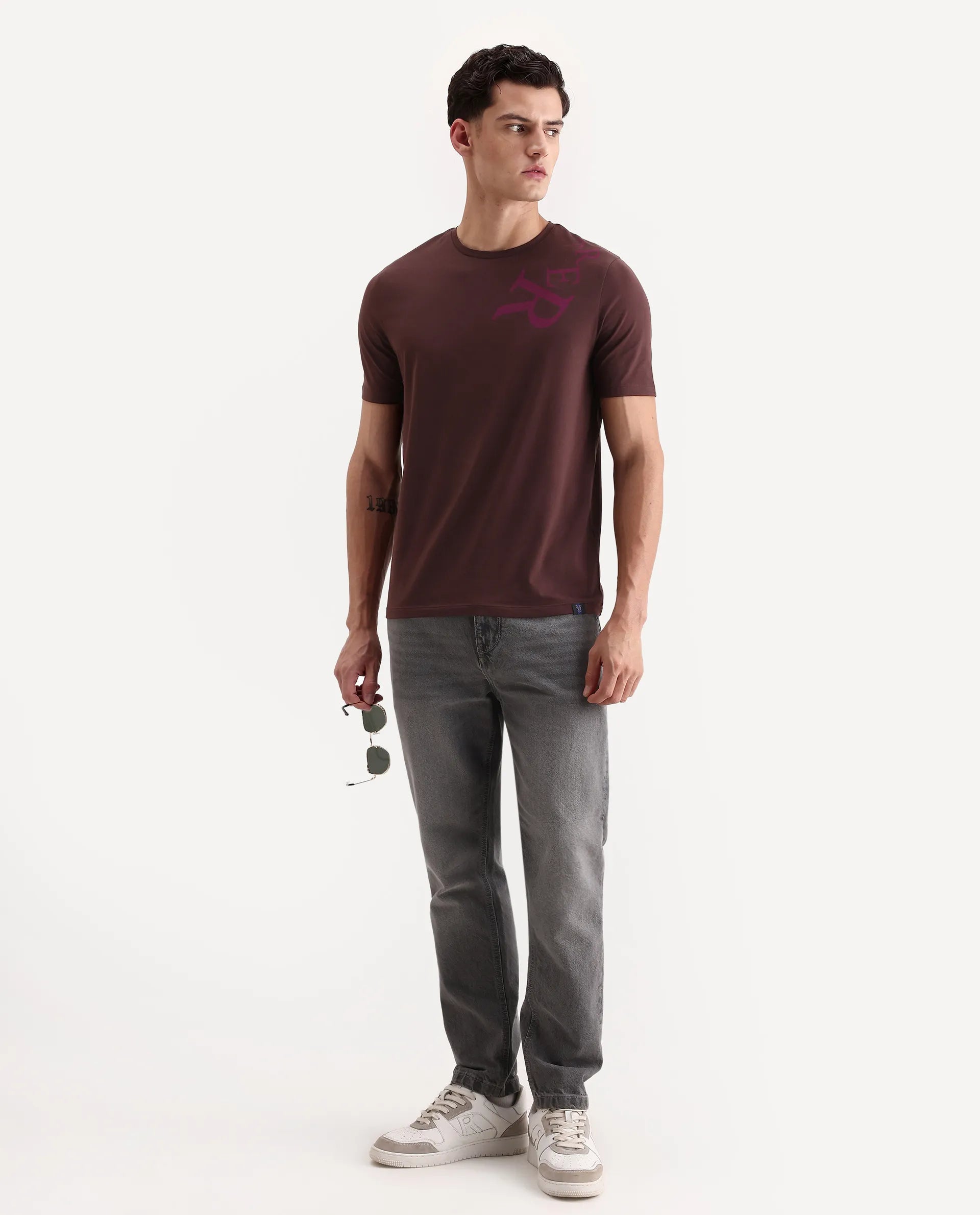 Rare Rabbit Men's Rida Dark Brown Cotton Blend Fabric Crew Neck Regula