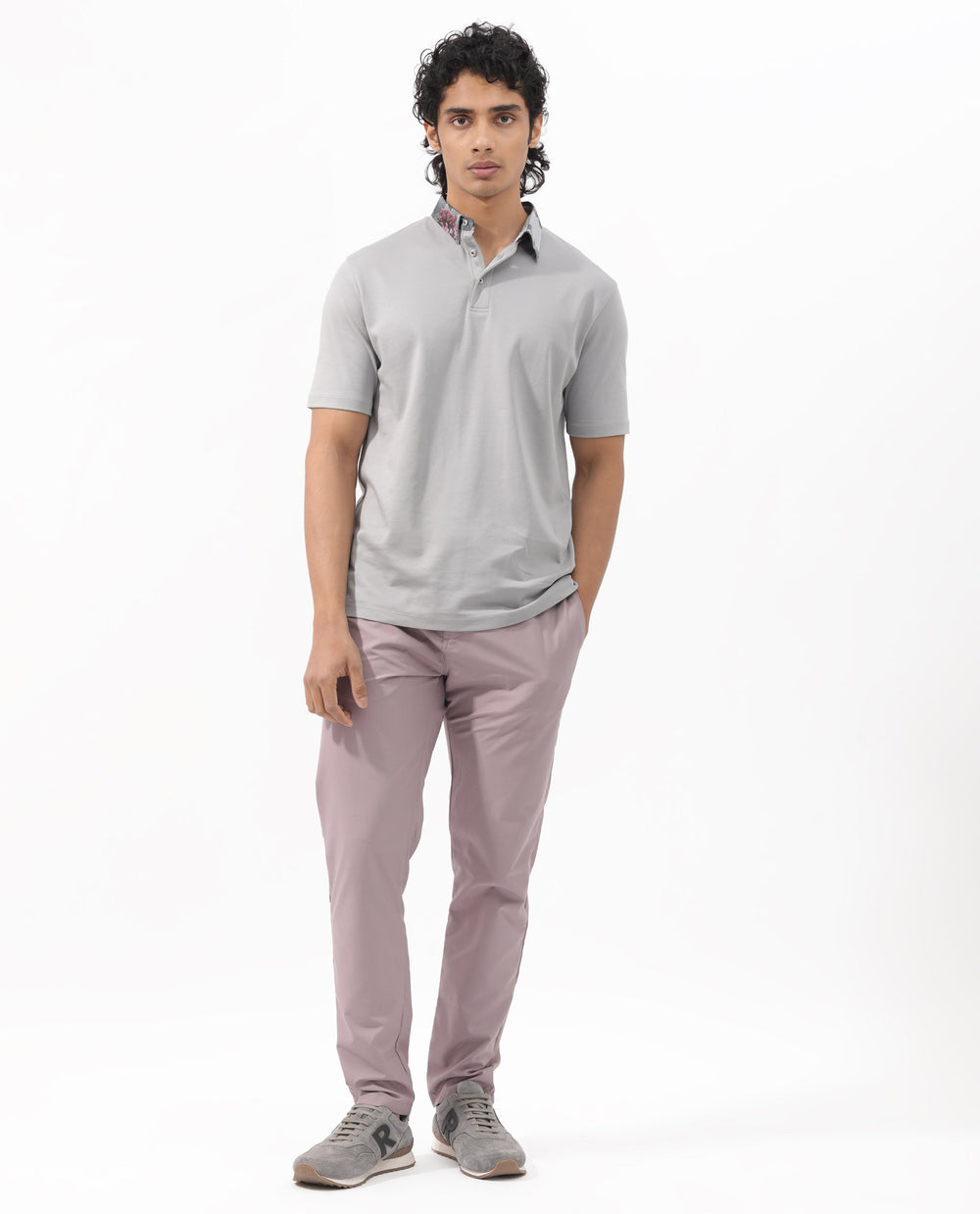 Rare Rabbit Men's Ringer-2 Grey Cotton Fabric Printed Collar Half Slee