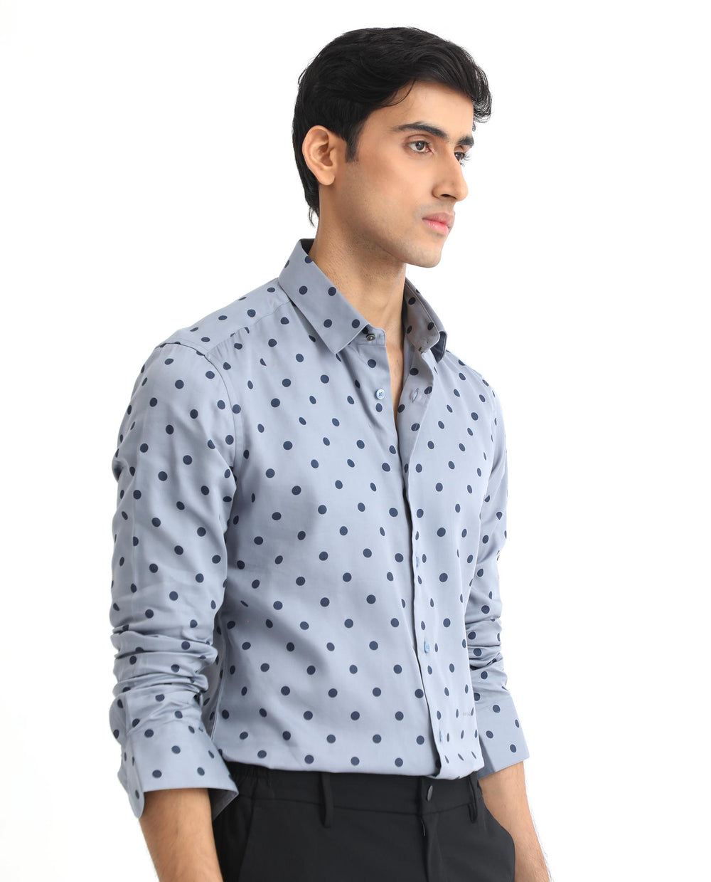 Rare Rabbit Men's Rish Blue Cotton Modal Fabric Polka Print Full Sleev