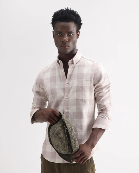 Rare Rabbit Men's Robina Pink 100% Linen Checked Print Regular Fit Ful