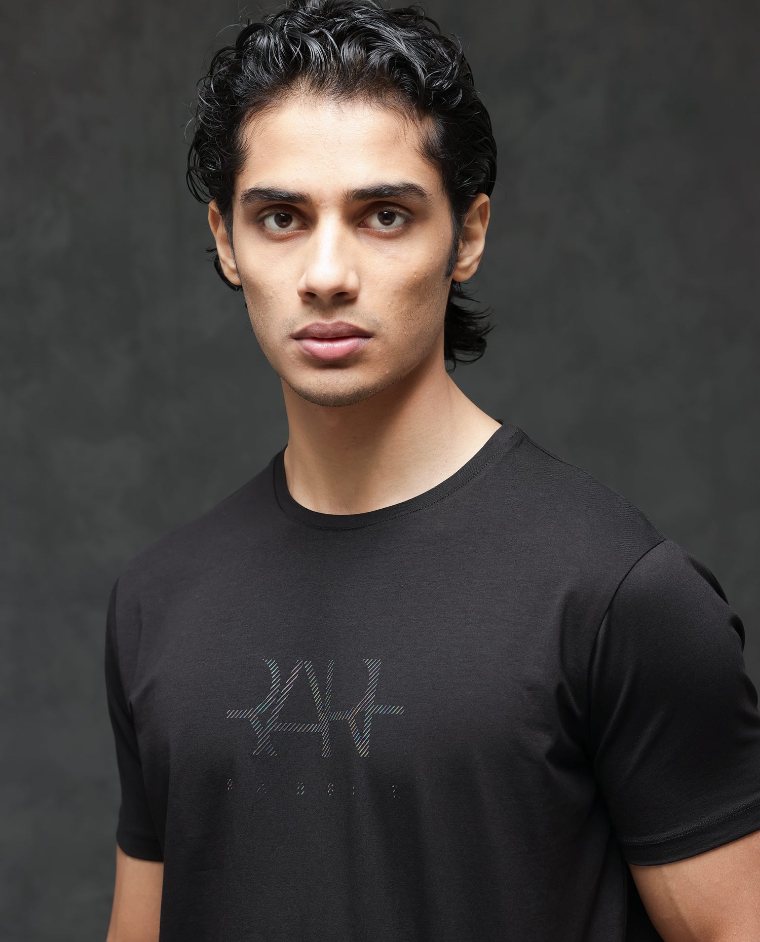 Rare Rabbit Men's Ronan Black Cotton Lycra Fabric Half Sleeves Graphic