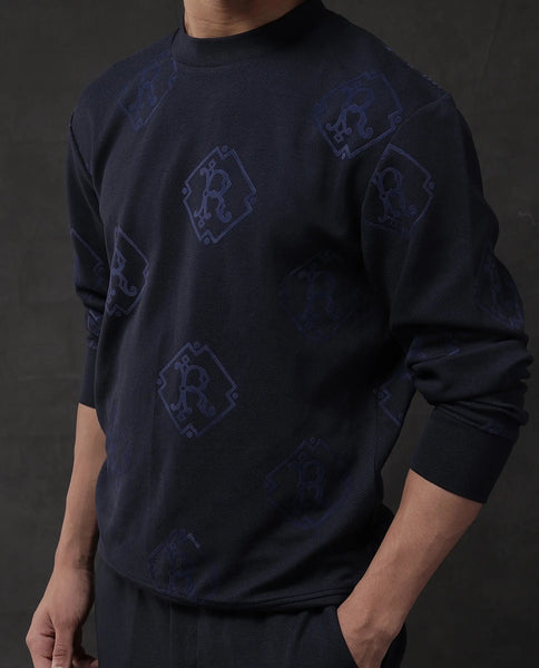 Rare Rabbit Men Ron Navy Cotton Fabric Full Sleeve Crew Neck Regular F
