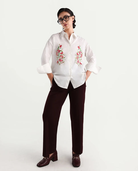 Rareism Women's Ronshei White Cotton Spread Collar Floral Print Regula