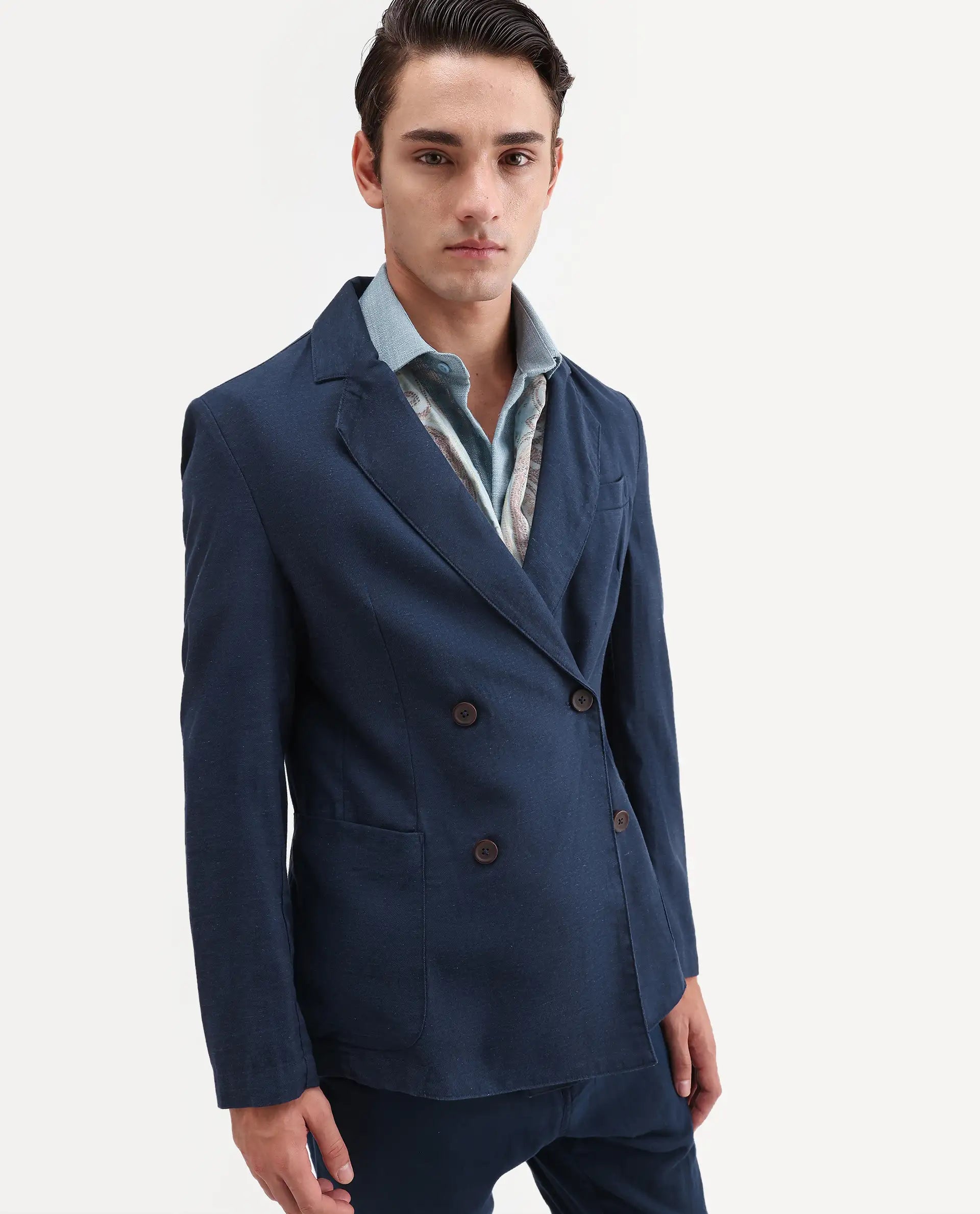 Rare Rabbit Men's Deb Navy Linen Blend Fabric Lapel Neck Tailored Fit