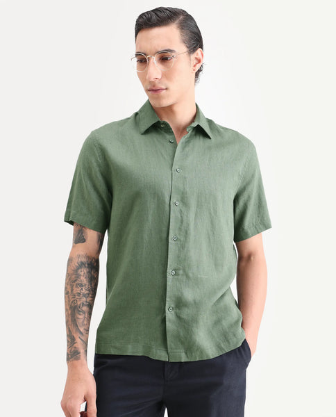 Buy Linex Ss - Green Regular Fit Linen Blend Half Sleeve Shirt| Rare Rabbit