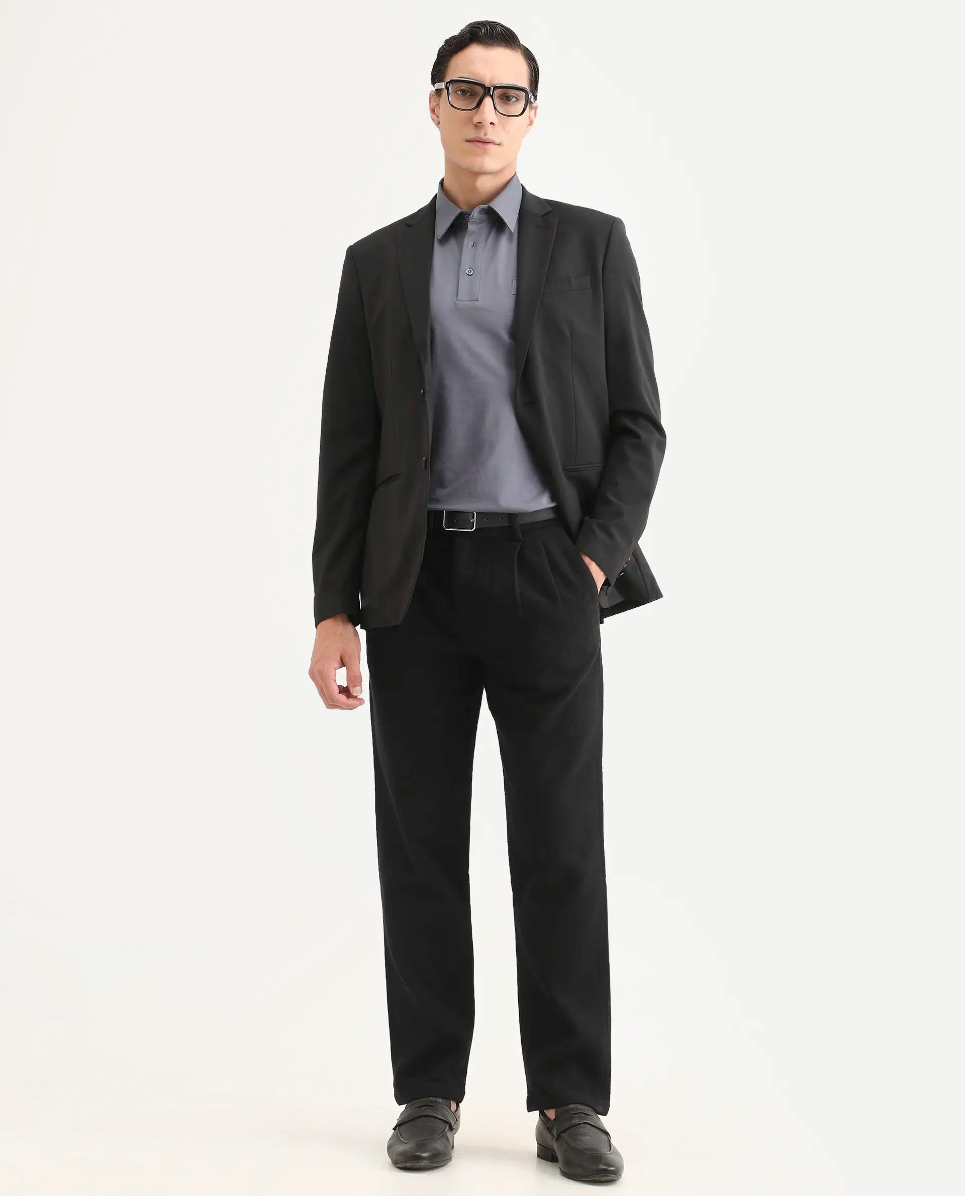 Buy Neux - Black Textured Pleated Relaxed Trousers| Rare Rabbit
