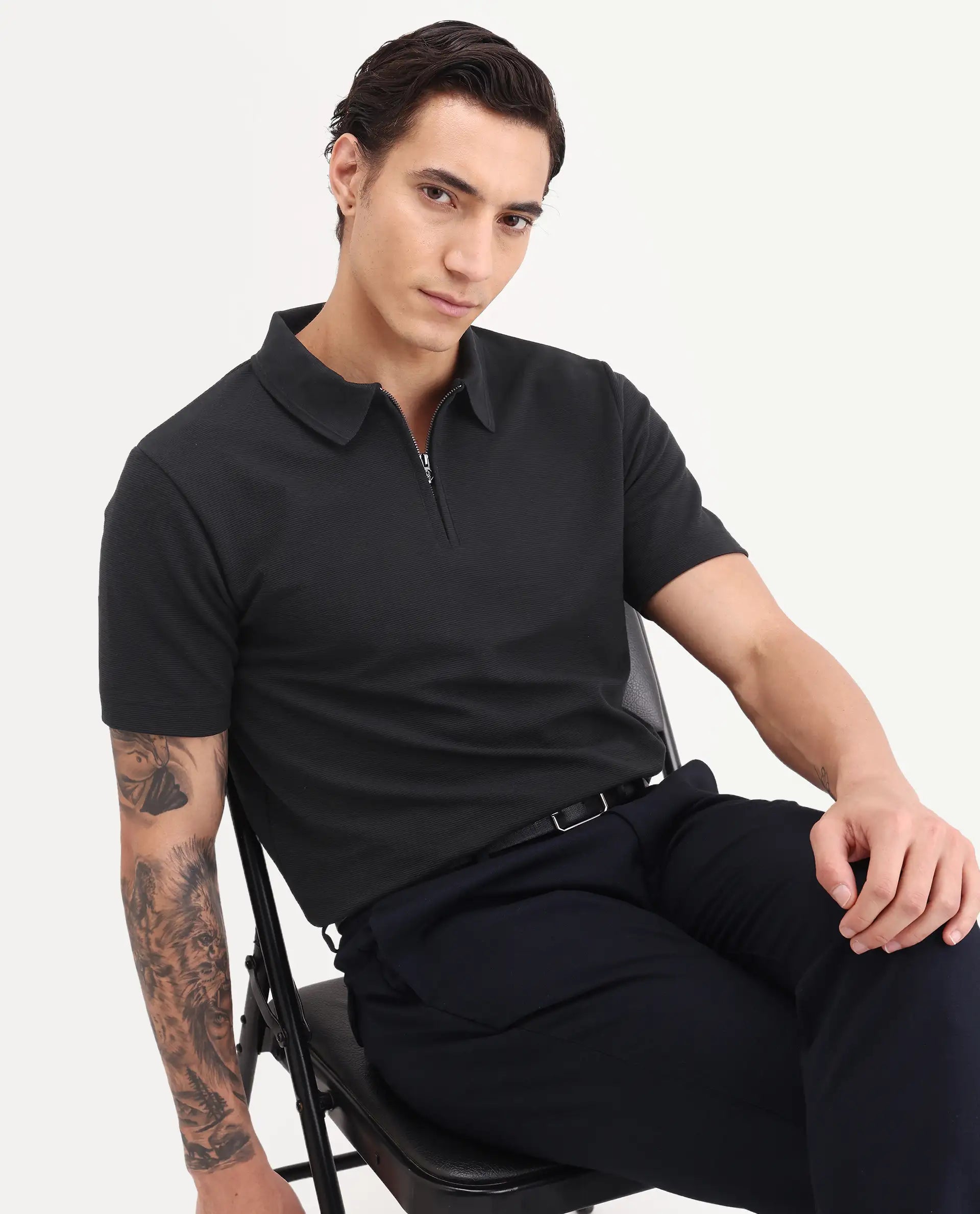 Buy Arp - Black Regular Fit Ottoman Zipper Polo| Rare Rabbit