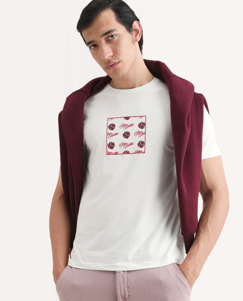 Rare Rabbit Men's Bette Off White Cotton Blend Fabric Half Sleeve Crew