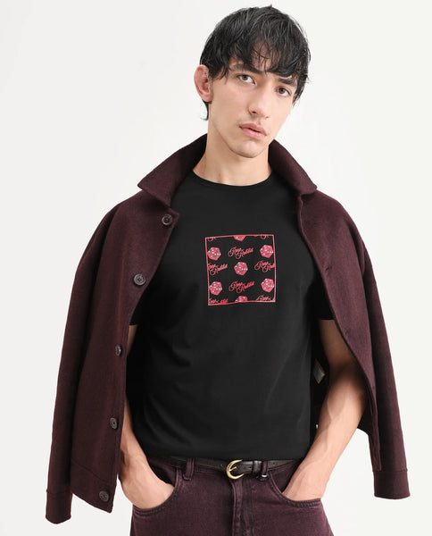 Rare Rabbit Men's Bette Black Cotton Blend Fabric Half Sleeve Crew Nec